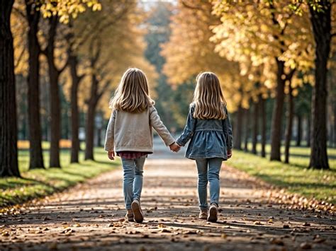 Premium Photo Two Girls Friends Walk In A Beautiful Park