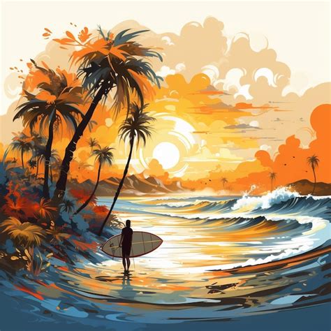 Premium Vector Ocean Beach Wave Surfing Vector Summer Illustration