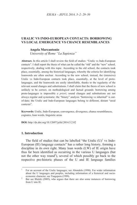Pdf Uralic Vs Indo European Contacts Borrowing Vs Local Emergence Vs