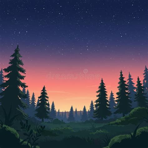 Animation Of A Serene Forest Landscape At Sunset Tall Coniferous Trees Likely Picea Stock