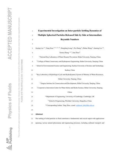 Pdf Experimental Investigation On Inter Particle Settling Dynamics Of Multiple Spherical