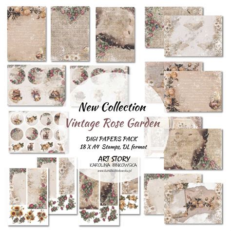 Cała Paka Digi Papierów Vintage Roses Garden A4 Pion Poziom Format Dl Stemple Kwiaty