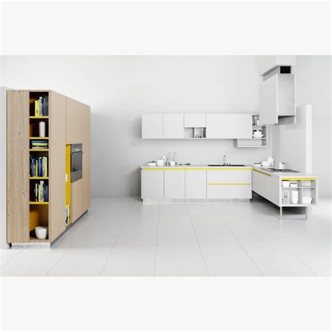 흰색 바탕에 노란색 강조가 있는 주방 인테리어 3d 모델 다운로드 Furniture Set On