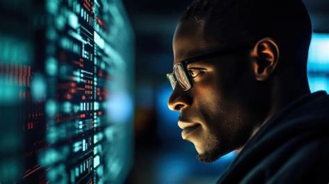 Premium Photo Portrait Of A Darkskinned Hacker In A Dark Room With Binary Code