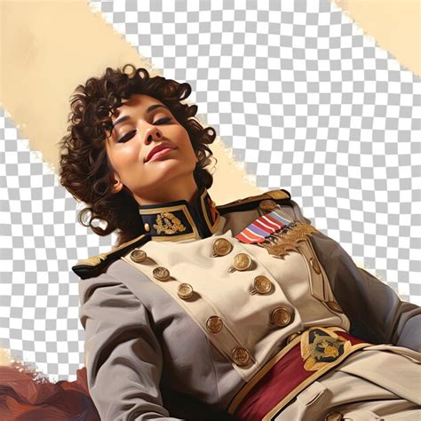 군 장교 의복 을 입은 오스트레일리아 원주민 인 Kinky Hair 를 가진 즐거운 중년 여성 이 파스텔 크레 에 대항 하여 머리 를 ⁇ 고 누워 있는 스타일 로 포즈 를