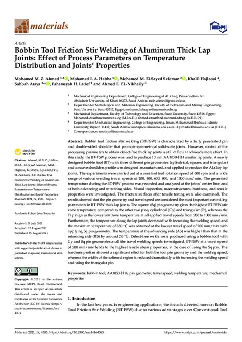 Pdf Bobbin Tool Friction Stir Welding Of Aluminum Thick Lap Joints Effect Of Process