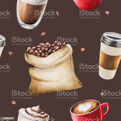 커피 컵과 커피 빈이 있는 수채화 매끄러운 패턴 라떼 에스프레소 아메리카노 모카 고립된 배경에 손 그림 디자이너 메뉴 상점 바 비스트로 레스토랑 엽서 포장지 커버용 포스터