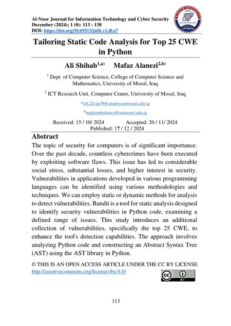 Pdf Tailoring Static Code Analysis For Top 25 Cwe In Python