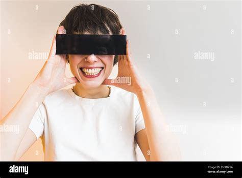 Fashionable Eyewear Concept Short Haired Female Model Smiling At Camera Wearing Rectangular