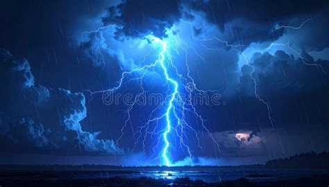 Vivid Blue Lightning Bolt Strikes During A Dark Stormy Night Over A
