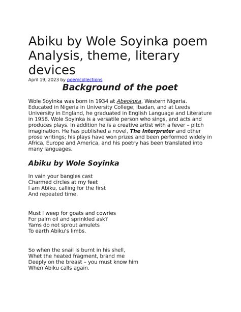 Abiku By Wole Soyinka Poem Analysis Abiku By Wole Soyinka Poem