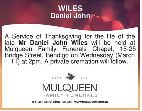 Wiles Daniel John Tributes Bendigo Advertiser Bendigo Advertiser