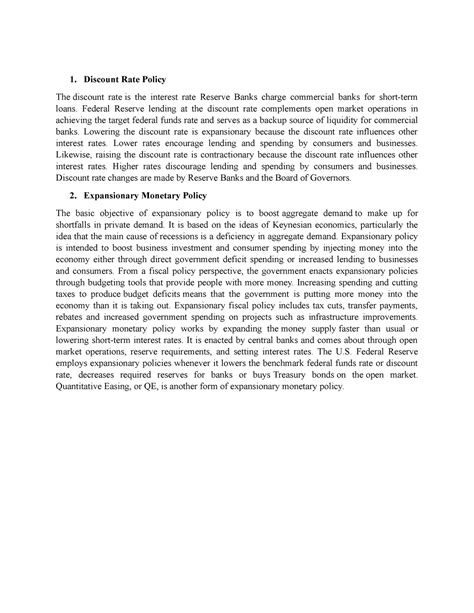 Discount Rate And Expansionary Monetary Policy 1 Discount Rate Policy The Discount Rate Is