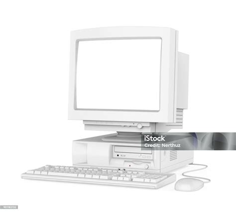 텅 빈 흰 스크린 모니터 키보드 및 마우스 절연으로 오래 된 데스크톱 컴퓨터 오래된에 대한 스톡 사진 및 기타 이미지 오래된 컴퓨터 형판 Istock
