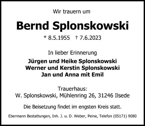 Traueranzeigen Von Bernd Splonskowski Trauer Anzeigende