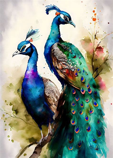 Peacock Pair Watercolor Poster Picture Metal Print Paint By Ali Ch