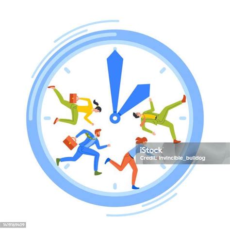 비즈니스 사람들 경주 시간 관리 과로 개념 불안한 바쁜 사업가와 사업가가 거대한 시계에서 달린다 개념에 대한 스톡 벡터 아트 및
