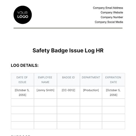 Free Safety Badge Issue Log Hr Template To Edit Online