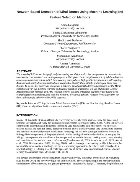 PDF Network Based Detection Of Mirai Botnet Using Machine Learning And Feature Selection Methods