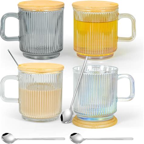 Agh Glass Coffee Mugs Set Of 4 11 Oz Glass Cup With Lids