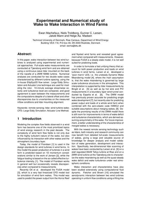 PDF Experimental And Numerical Study Of Wake To Wake Interaction In Wind Farms