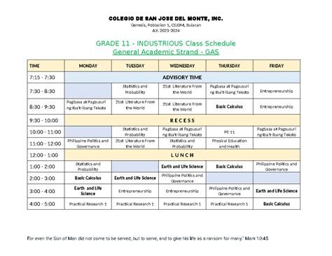 Shs Class Schedule Second Sem Edited Genesis Poblacion 1 Csjdm Bulacan A 2023 Grade 11