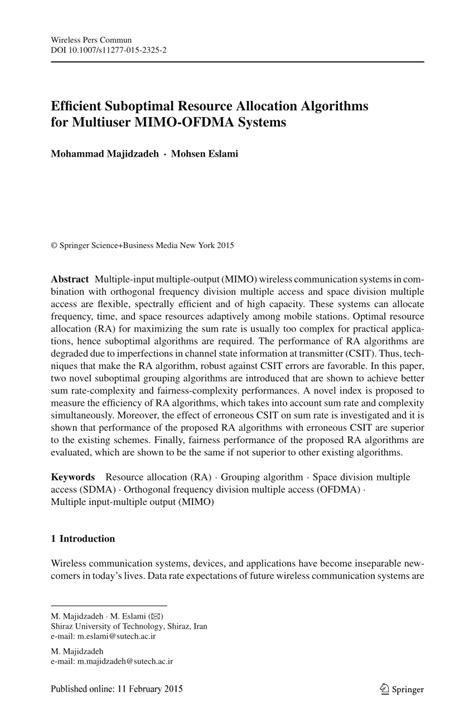Pdf Efficient Suboptimal Resource Allocation Algorithms For Multiuser Mimo Ofdma Systems