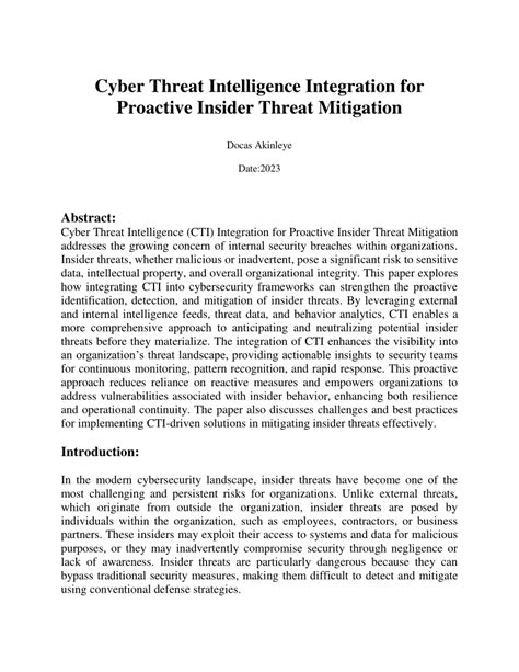Pdf Cyber Threat Intelligence Integration For Proactive Insider