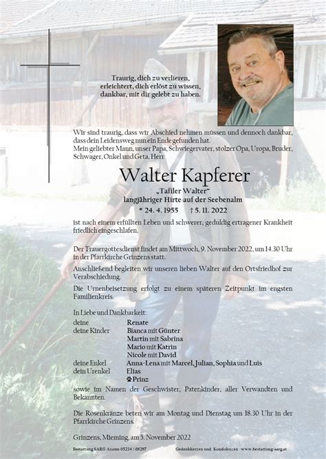 Walter Kapferer Bestattung Sebastian Sarg