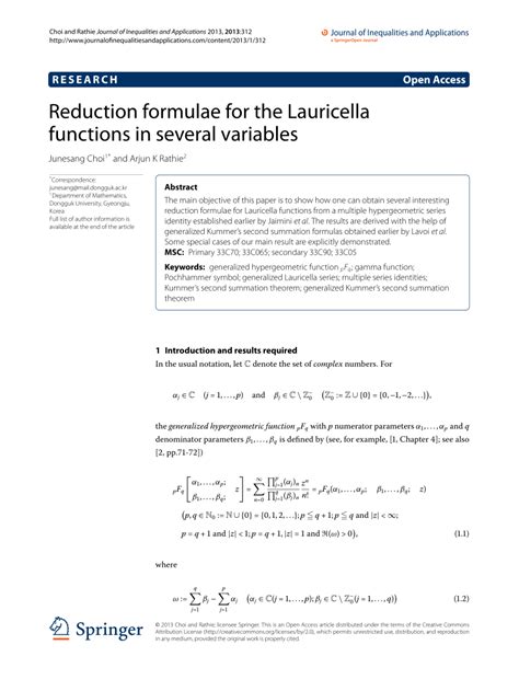 Pdf Reduction Formulae For The Lauricella Functions In Several Variables