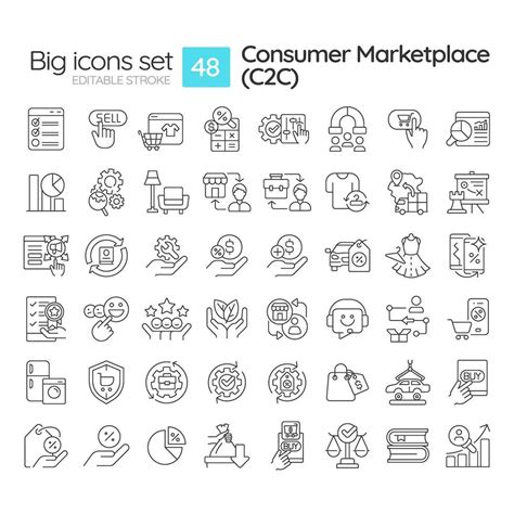 2d Editable Black Big Thin Line Icons Set Representing C2c Isolated