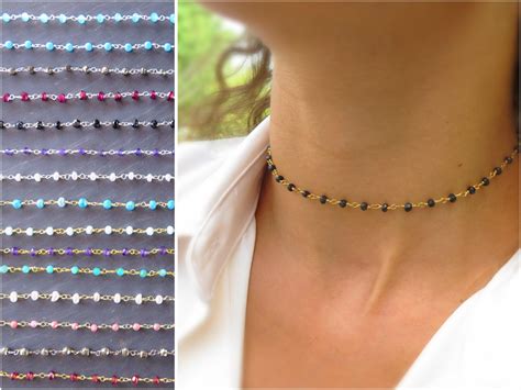 Dainty Gemstone Beaded Choker Sterling Silver Boho Necklace Etsy