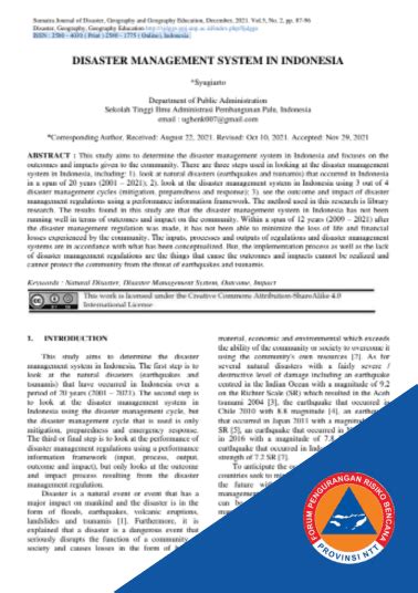 Disaster Management System In Indonesia Layanan Repositori Pengetahuan Dan Data Bencana Nusa