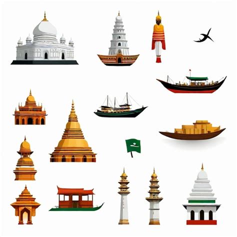 Una Colección De Diferentes Tipos De Edificios Incluido Un Barco Y Una Bandera Vector Premium