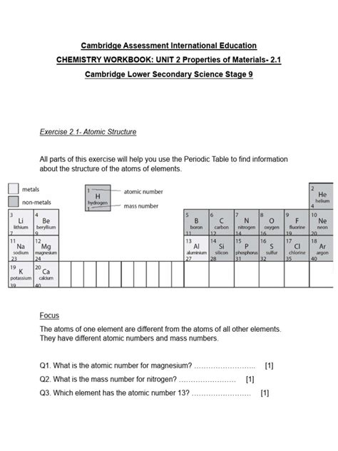 Chemistry Workbook Unit 2 Properties Of Materials Cambstage9 Pdf