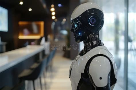 Robot Assistant Stands In A Modern Cafe Showcasing Advanced Technology Robot Assistant Stands In A Modern Cafe Showcasing Advanced Technology