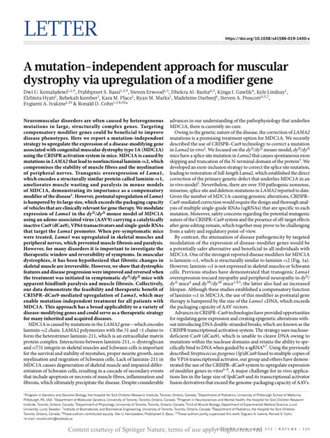 A Mutation Independent Approach For Muscular Dystrophy Via Upregulation Of A Modifier Gene