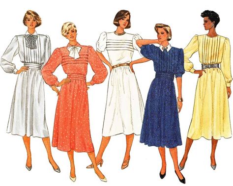 1980s Dress Pattern Tuck Front Elastic Waist Flared Dress Out Of Print