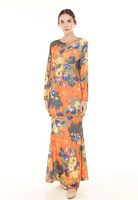 Buy Rina Nichie Couture Rina Printed Kurung In Orange Colourful Flower
