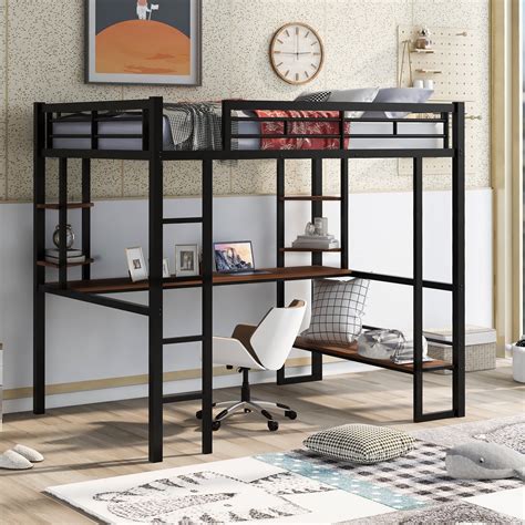 Euroco Full Size Loft Bed With Desk And Shelves Space Saving Metal Bed