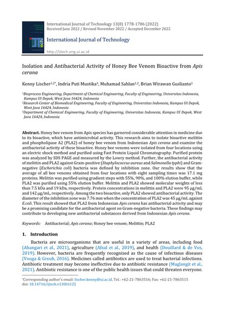 Pdf Isolation And Antibacterial Activity Of Honey Bee Venom Bioactive