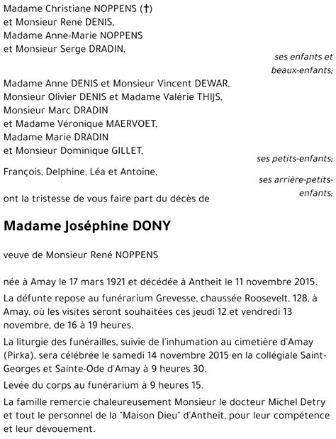 Avis De Décès De Joséphine Dony Décédé Le 11112015 à Antheit