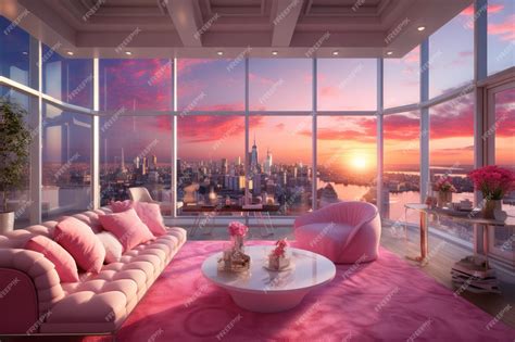 Premium Photo Pink Barbie Interior Style Of Penthouse With Sunset View On Big City Barbie