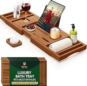Royal Craft Wood Luxury Bamboo Bathtub Caddy Tray With Book And Wine
