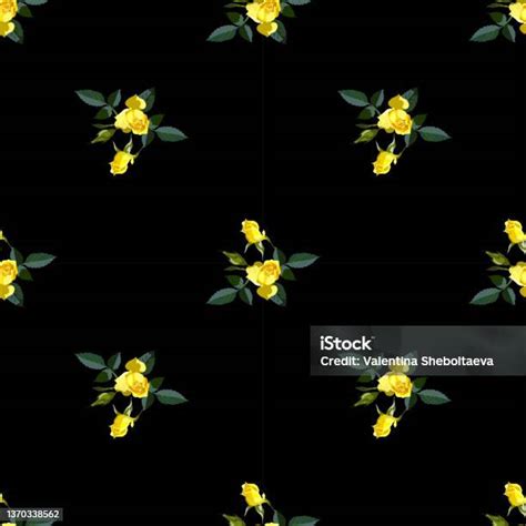 원단 디자인 벡터 일러스트를 위한 블랙 백면의 매끄러운 플로럴 무늬 옐로우 장미와 장미 싹 0명에 대한 스톡 벡터 아트 및 기타 이미지 Istock
