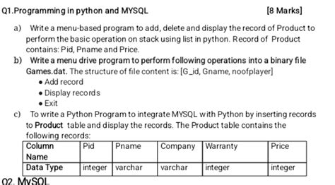 Q1programming In Python And Mysql 8 Marks A Write A Menu Based Progra