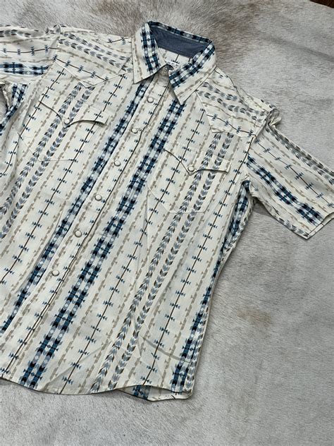 Men Wester Retro Short Sleeve Snap Off White Aztec Print Rancho El