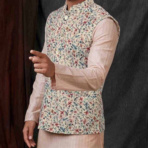 White Printed Nehru Jacket For Men