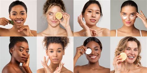 Collage Of Women Enjoying Beauty And Skin Care Routines At Home Stock