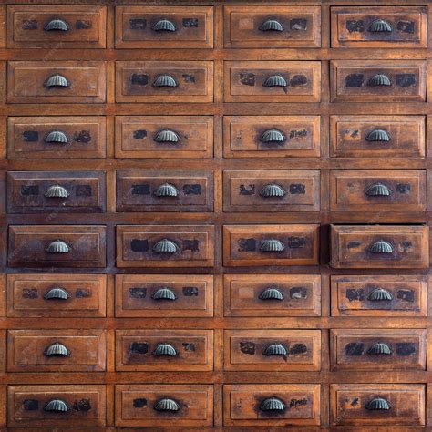 Close Up Of An Antique Wooden Cabinet With Multiple Drawers Premium Photo